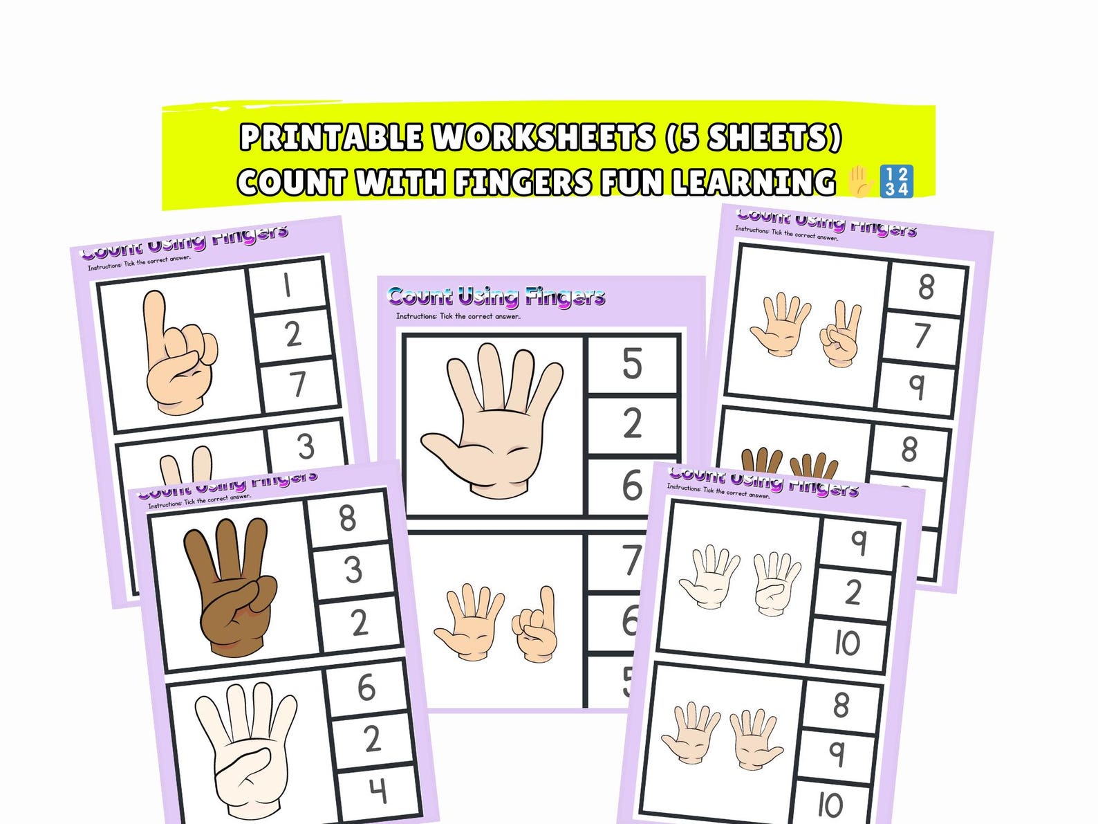 Printable Count Using Fingers Worksheets | 5 Pages Number Recognition ...
