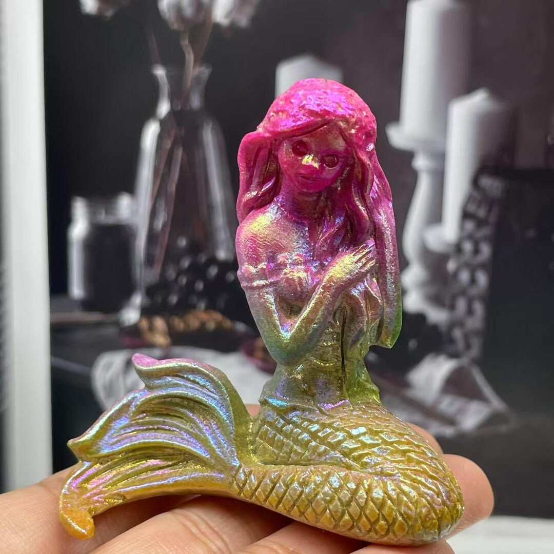 2" Natural Crystal , Rainbow Plating,hand-carved Mermaid, Home Decor ...