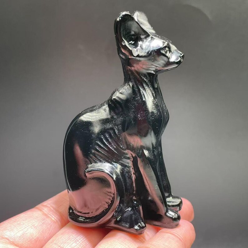 Hand-carved Natural Obsidian Crystal Hairless Cat, 3" Reiki Healing ...
