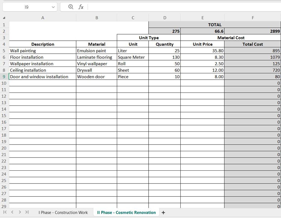 Construction Cost Spreadsheet | Home Renovation Calculator | Material ...