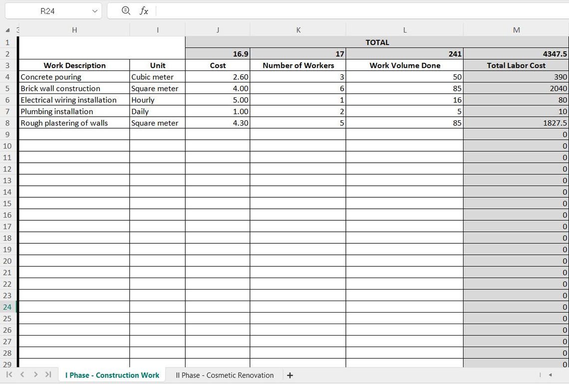 Construction Cost Spreadsheet | Home Renovation Calculator | Material ...