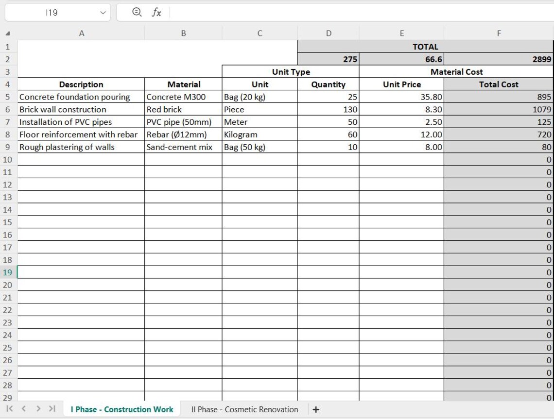 Construction Cost Spreadsheet | Home Renovation Calculator | Material ...
