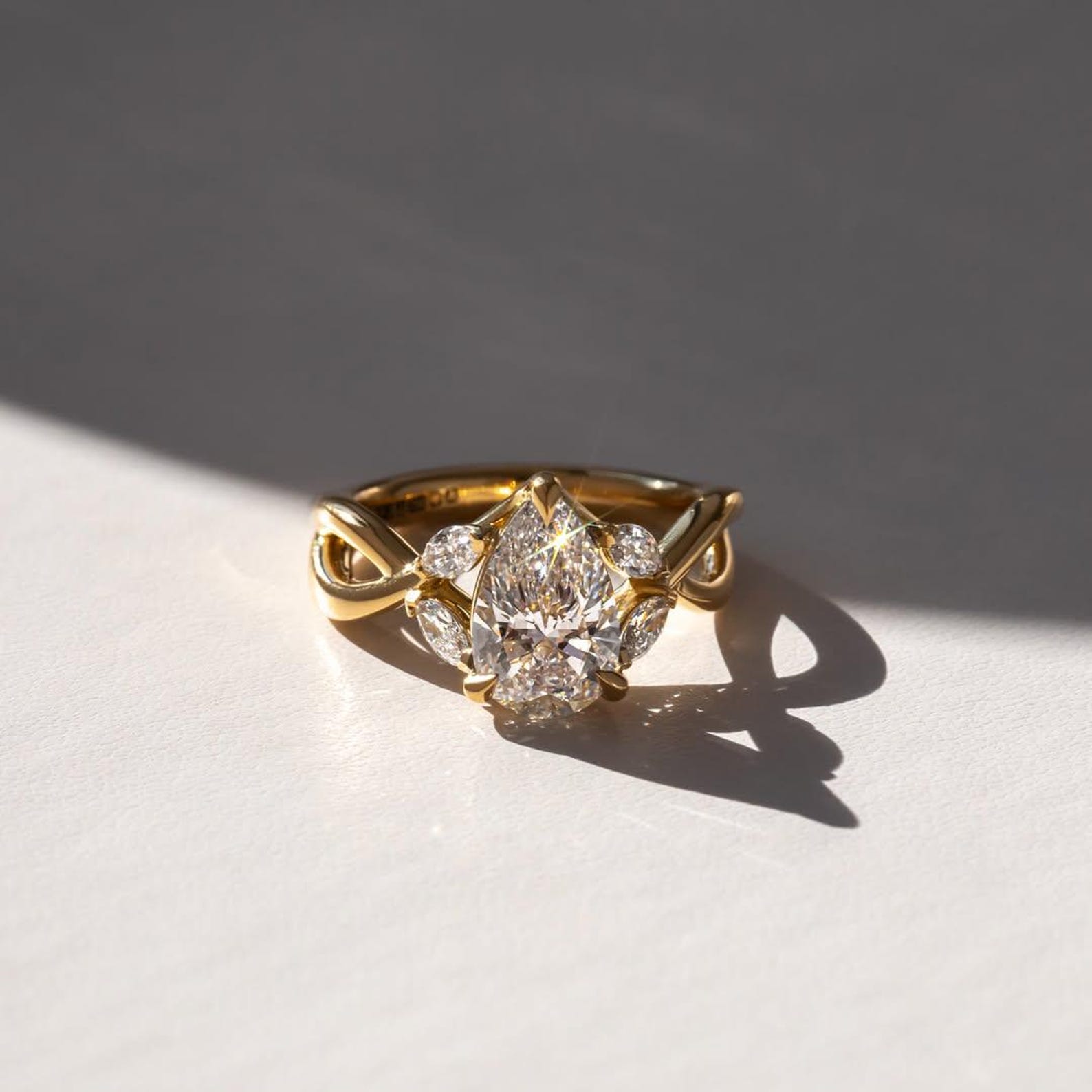 Pear Cut Ring With Leaf Design Twisted Band, Solid Gold Engagement Ring ...