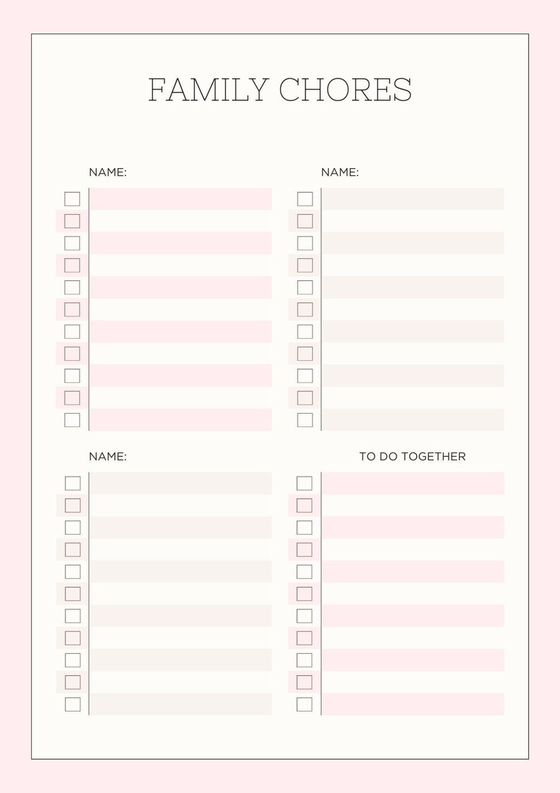 Printable Family Chores Checklist Template - Etsy