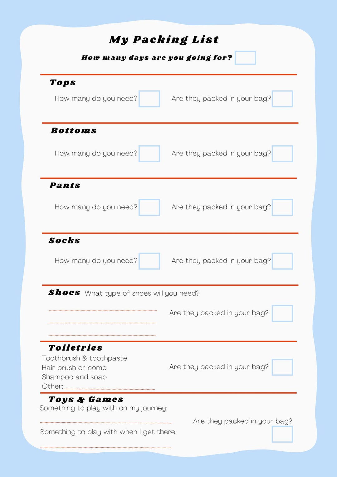 Learn to Pack Your Bag - Printable Children's Packing List - Etsy