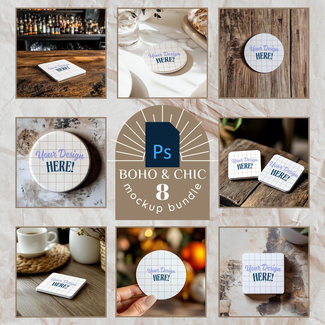 8 White Coaster Mockup Bundle Printify Coaster Mockup Boho Flatlay ...