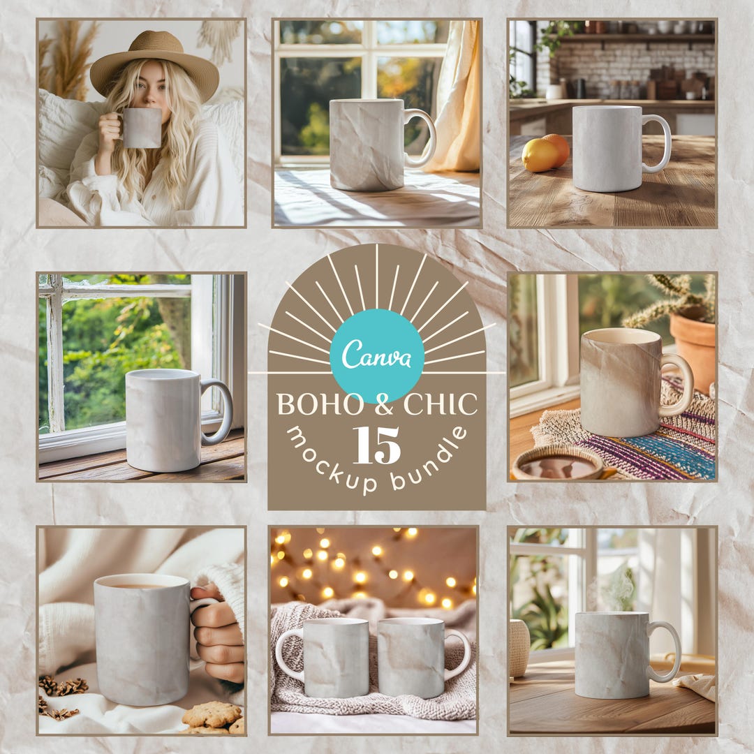 15 Mug Mockup Bundle for Canva White 11oz Cup Mockup Drag Drop Boho ...