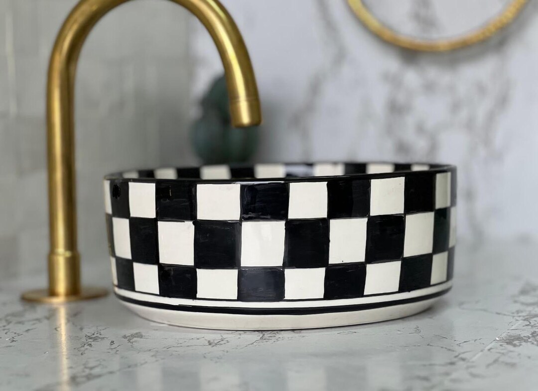 Handmade Countertop Ceramic Wash Basin, Checkered Sink Bowl, Hand ...