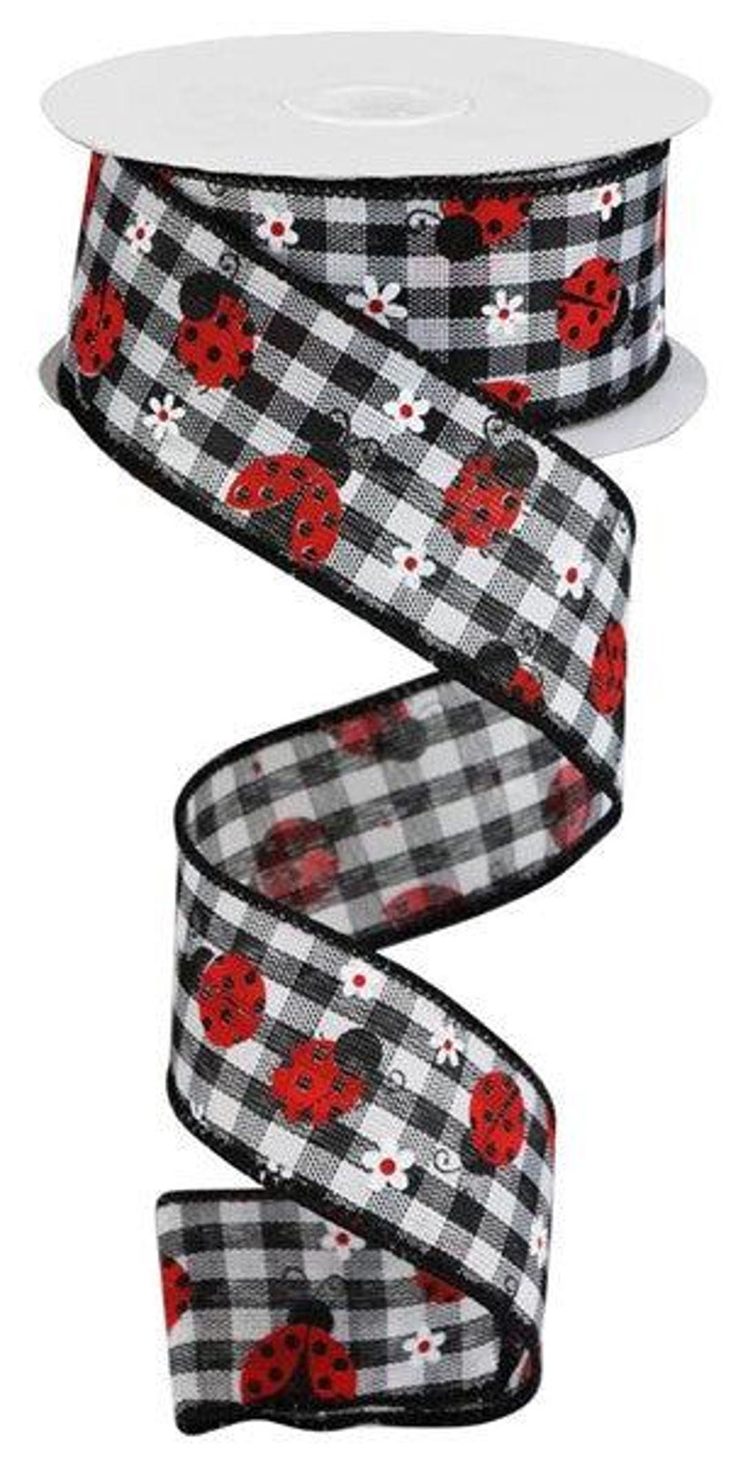 Mini Ladybugs, Check, Wired Ribbon, Black, Red, White, 1.5" X 10 Yd ...