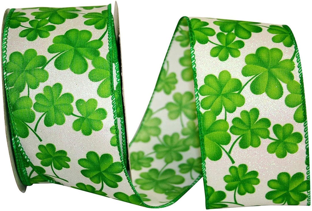 St. Patrick's Clover Ribbon, Iridescent Glitter on White, Green Clovers ...