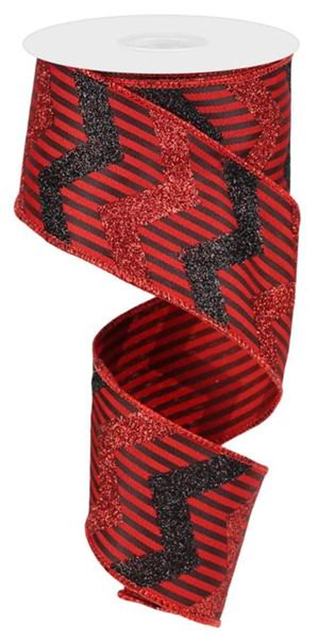 Glitter, Red, Black, Chevron, Vertical Stripe, Wired Ribbon, 2.5 X 10 ...