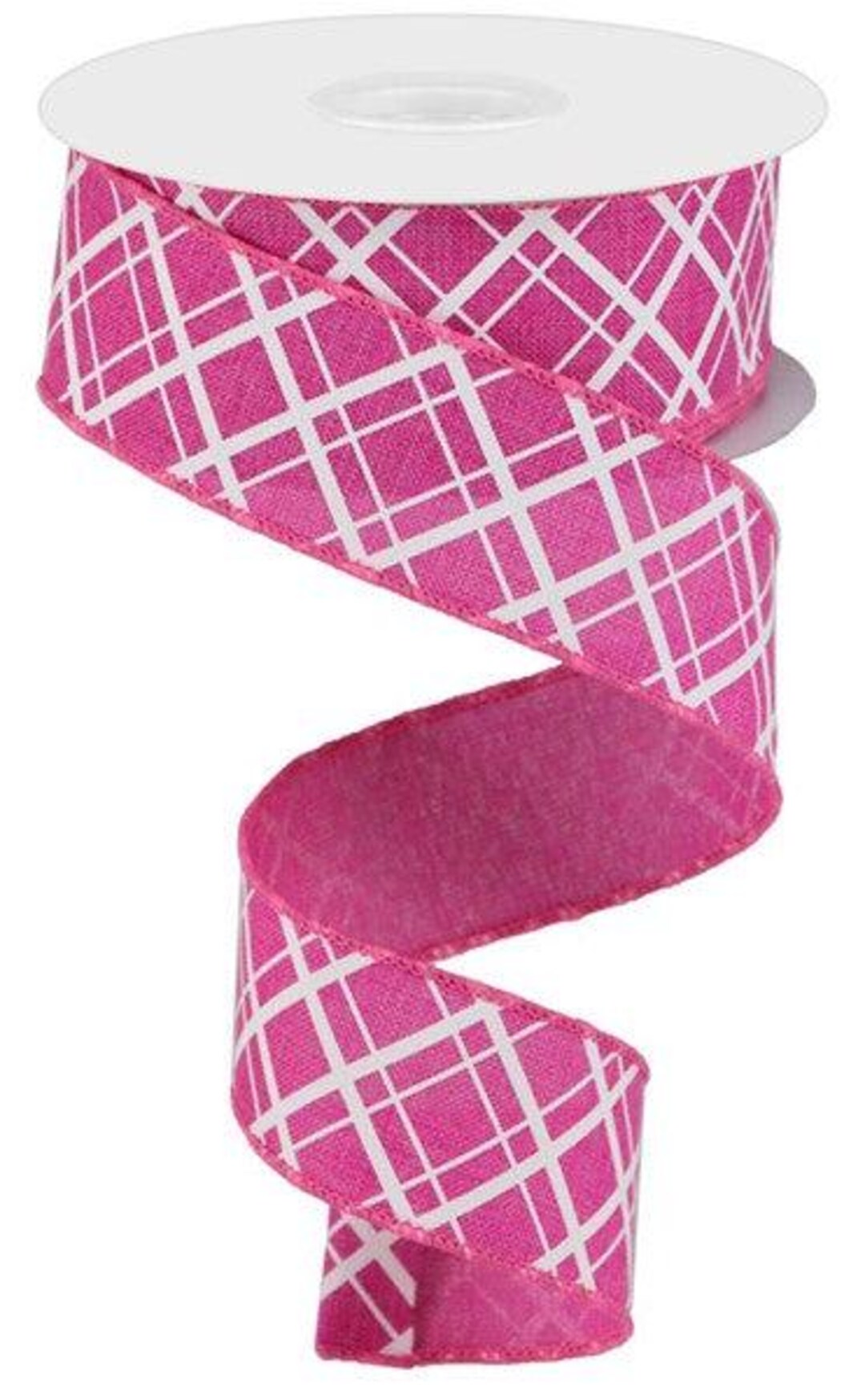 Thick and Thin, Diagonal Check, Fuchsia, Pink, White, Wired Ribbon, 1.5 ...