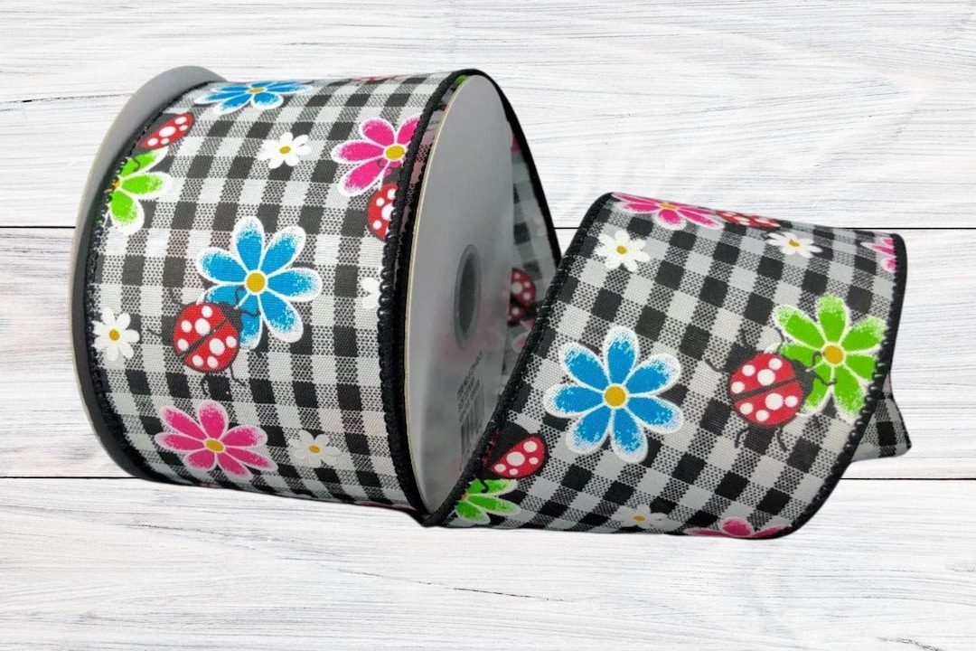 Daisies and Ladybugs, Black & White Gingham, Wired Ribbon, 2.5" X 10 ...