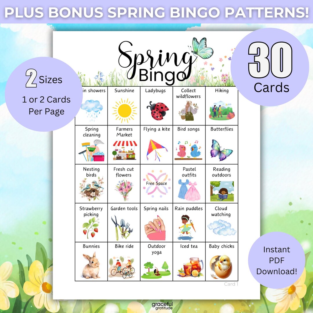 Spring Bingo, 30 Printable Spring Bingo Cards, Spring Party Game ...