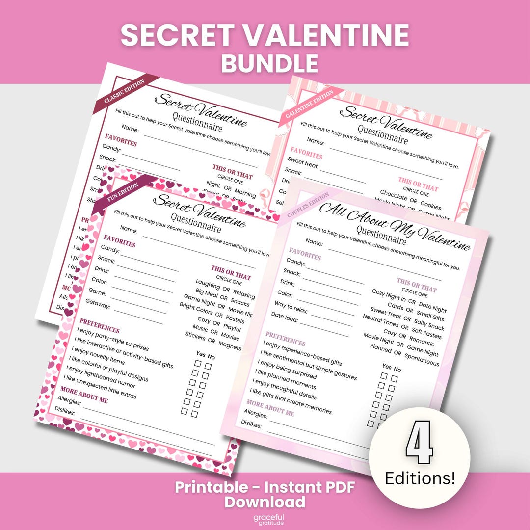 Secret Valentine Questionnaire Bundle | Valentine Gift Exchange Game ...