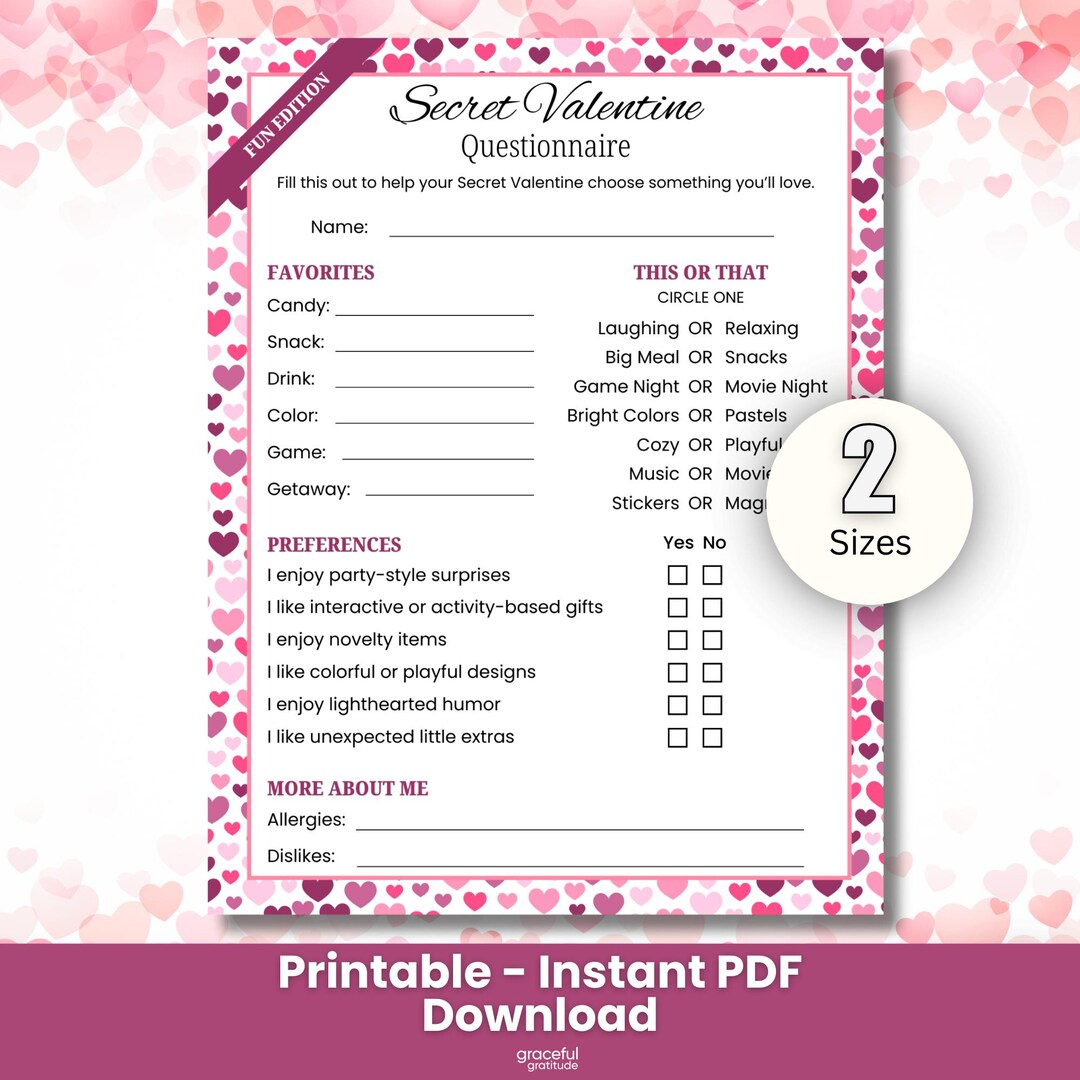 Secret Valentine Printable - Fun Edition | Secret Cupid Questionnaire ...