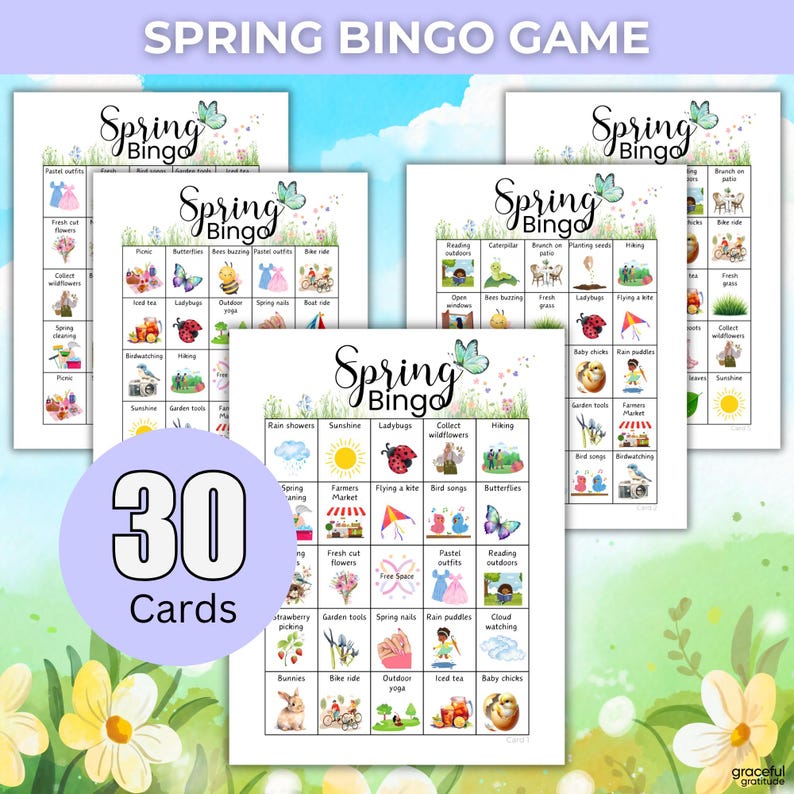 Spring Bingo, 30 Printable Spring Bingo Cards, Spring Party Game ...