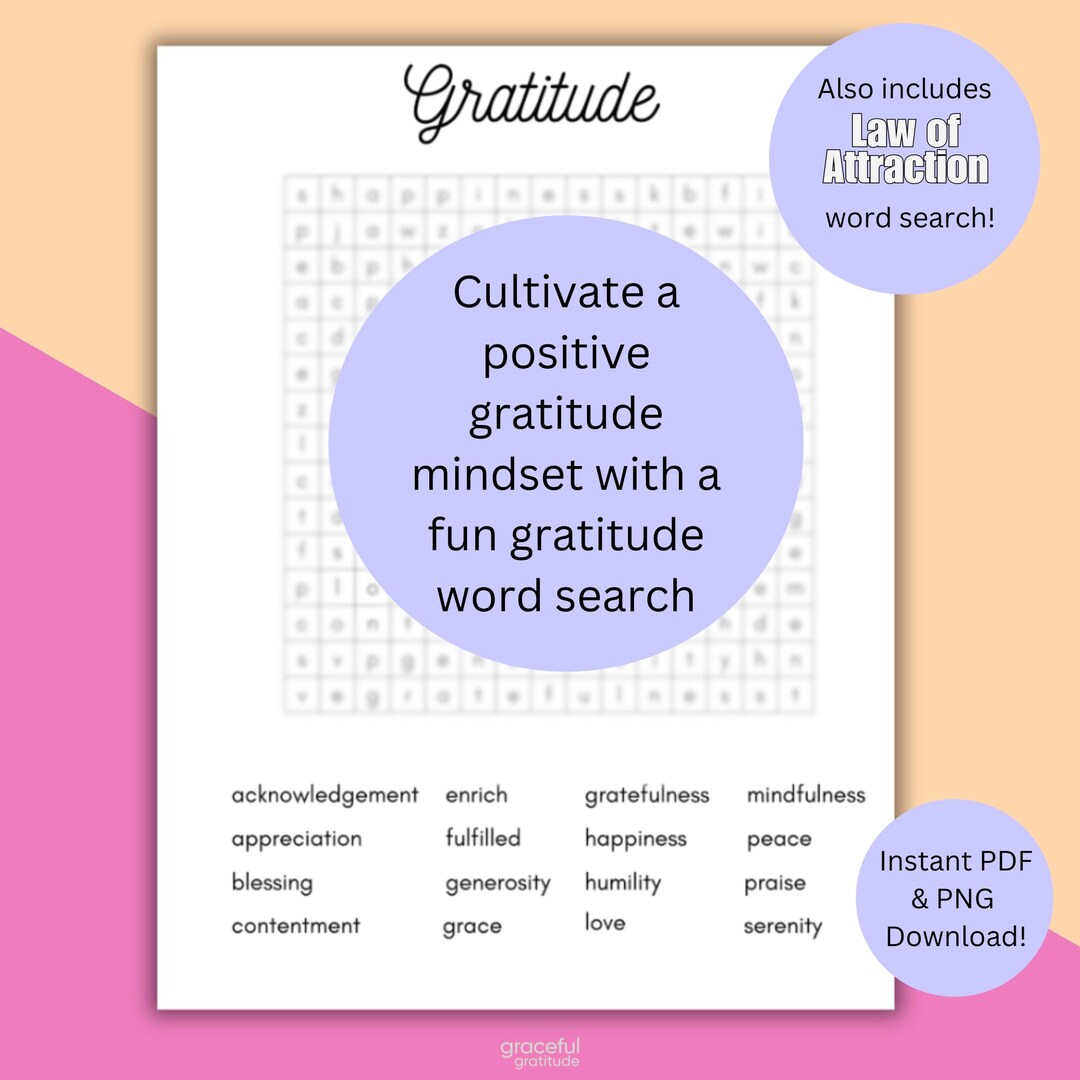Word Search: Gratitude & Law of Attraction Mindfulness Activity for ...