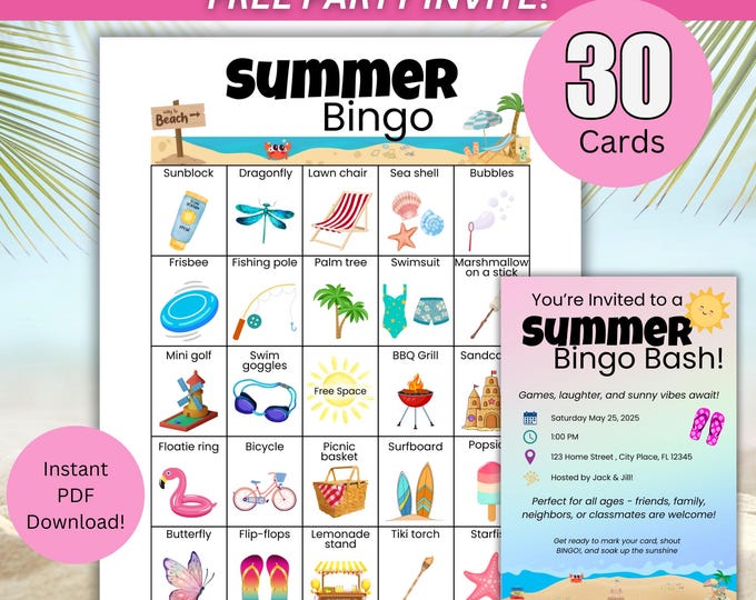 Summer Bingo Game – 30 Printable Cards for Parties, Bbqs, Classrooms ...