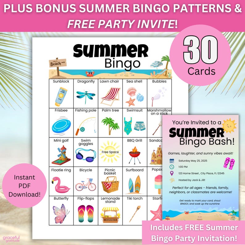 Summer Bingo Game – 30 Printable Cards for Parties, Bbqs, Classrooms ...