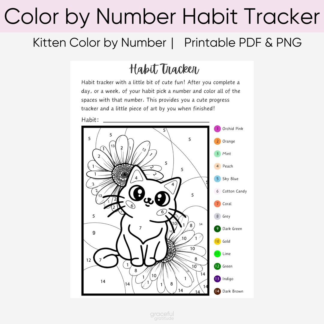 Adorable Kitten & Floral Color by Number Habit Tracker Printable ...