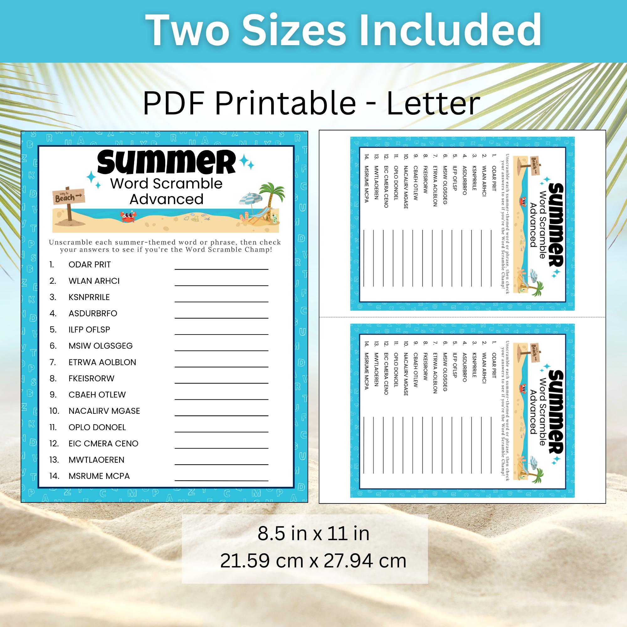 Summer Word Scramble Game Printable – Easy and Advanced Versions, PDF ...
