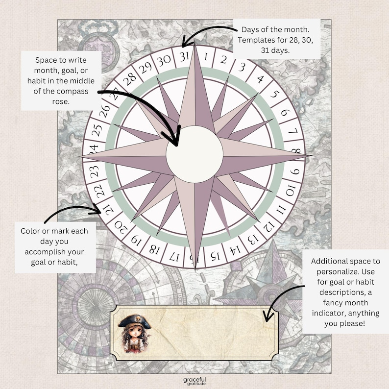 Monthly Habit Tracker Printable | Pirate Theme Compass Rose Monthly PDF ...