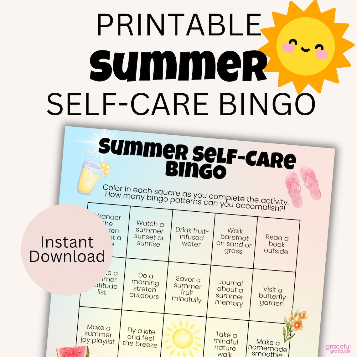 Summer Self-care Bingo Tracker | Printable Mindfulness Game | Personal ...