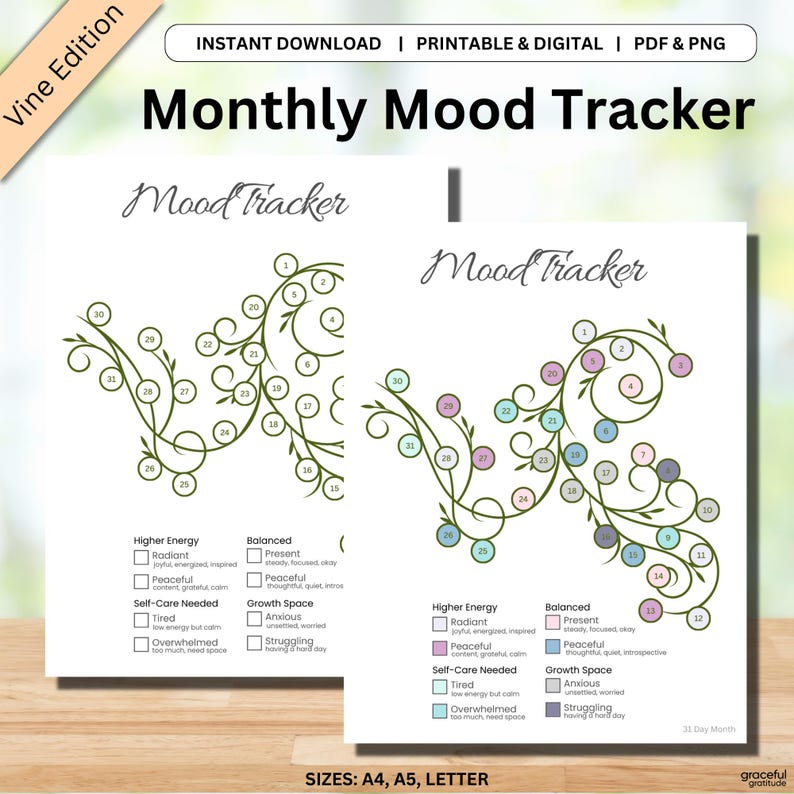 Mood Tracker Printable Vine Edition & Digital for Mental Health ...