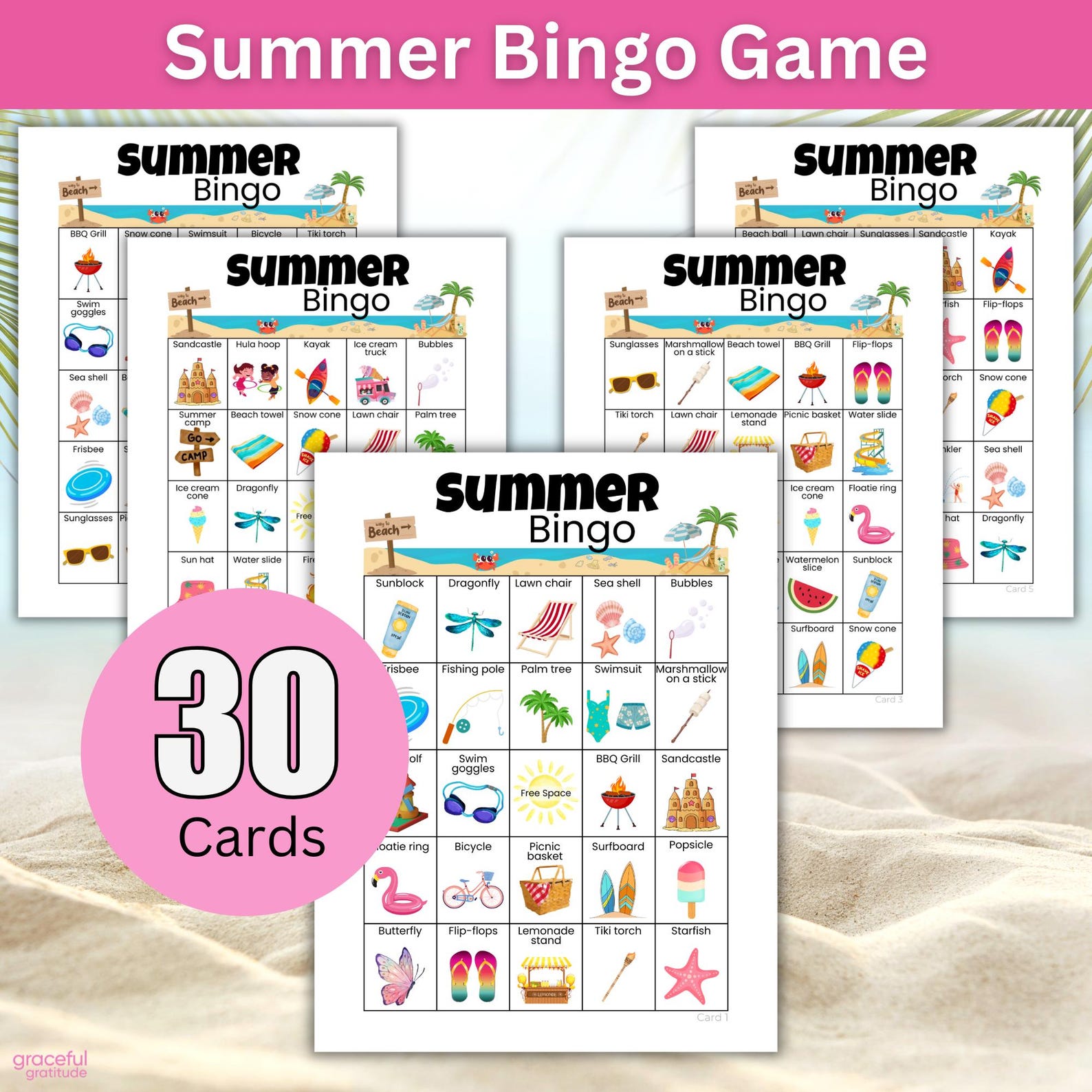 Summer Bingo Game – 30 Printable Cards for Parties, Bbqs, Classrooms ...