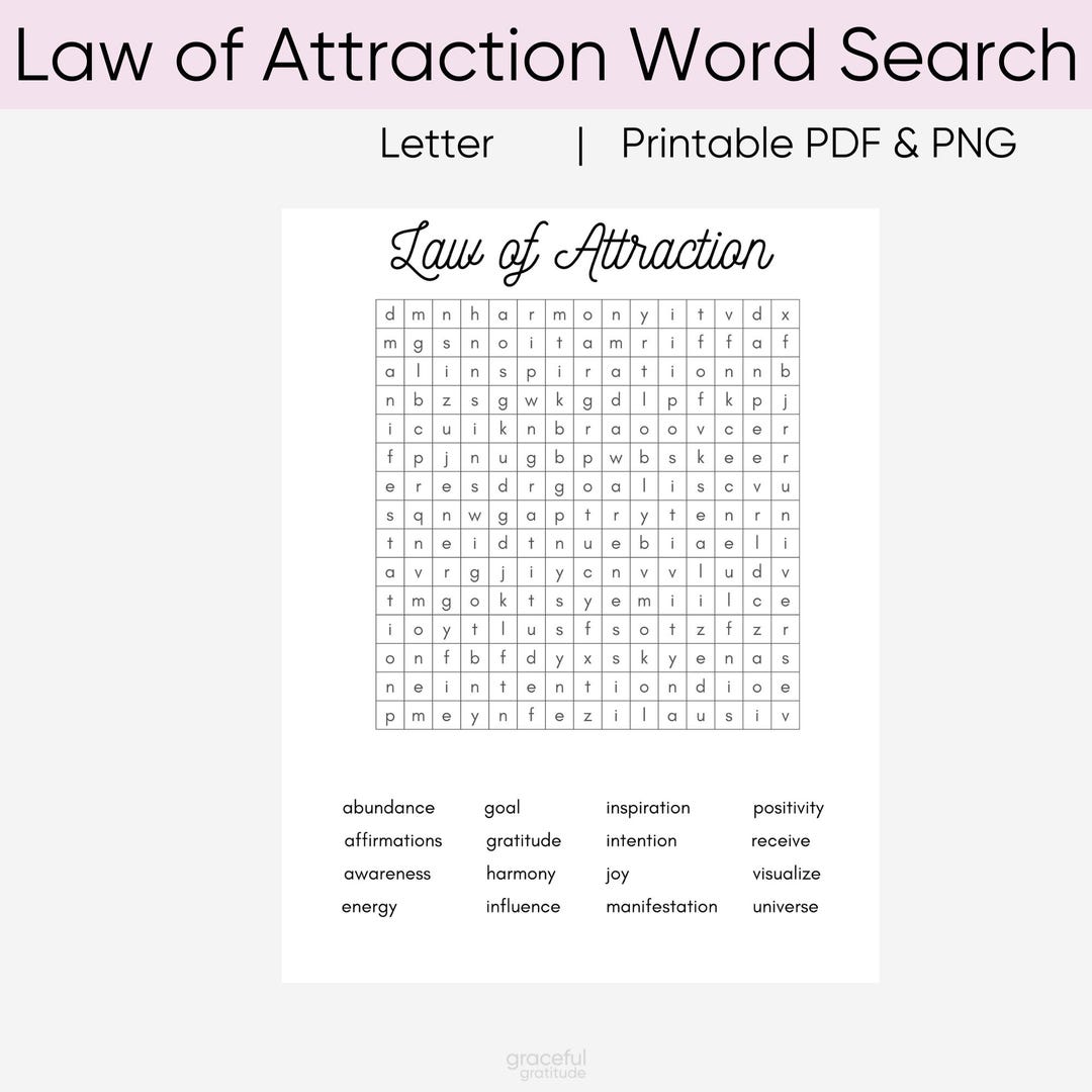 Gratitude & Law of Attraction Word Search Printable Mindfulness ...