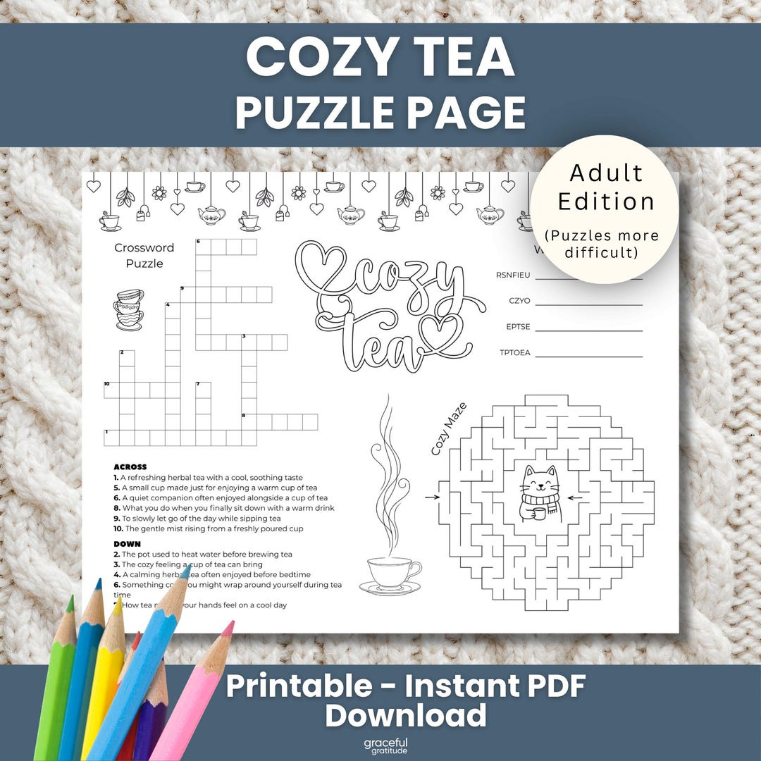 Cozy Tea Printable Puzzle Page for Adults | Tea Lover Activity Sheet ...
