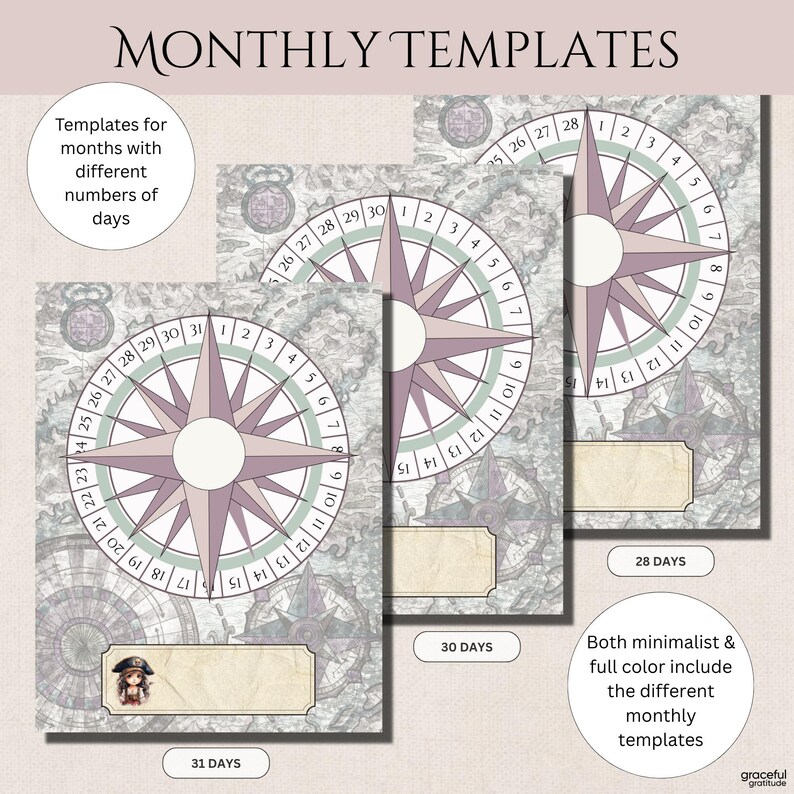 Monthly Habit Tracker Printable | Pirate Theme Compass Rose Monthly PDF ...