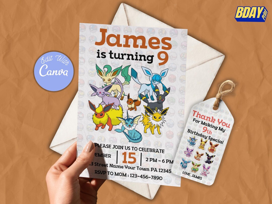 Double-sided Eevee Evolutions Birthday Invitation With Gift Tag ...