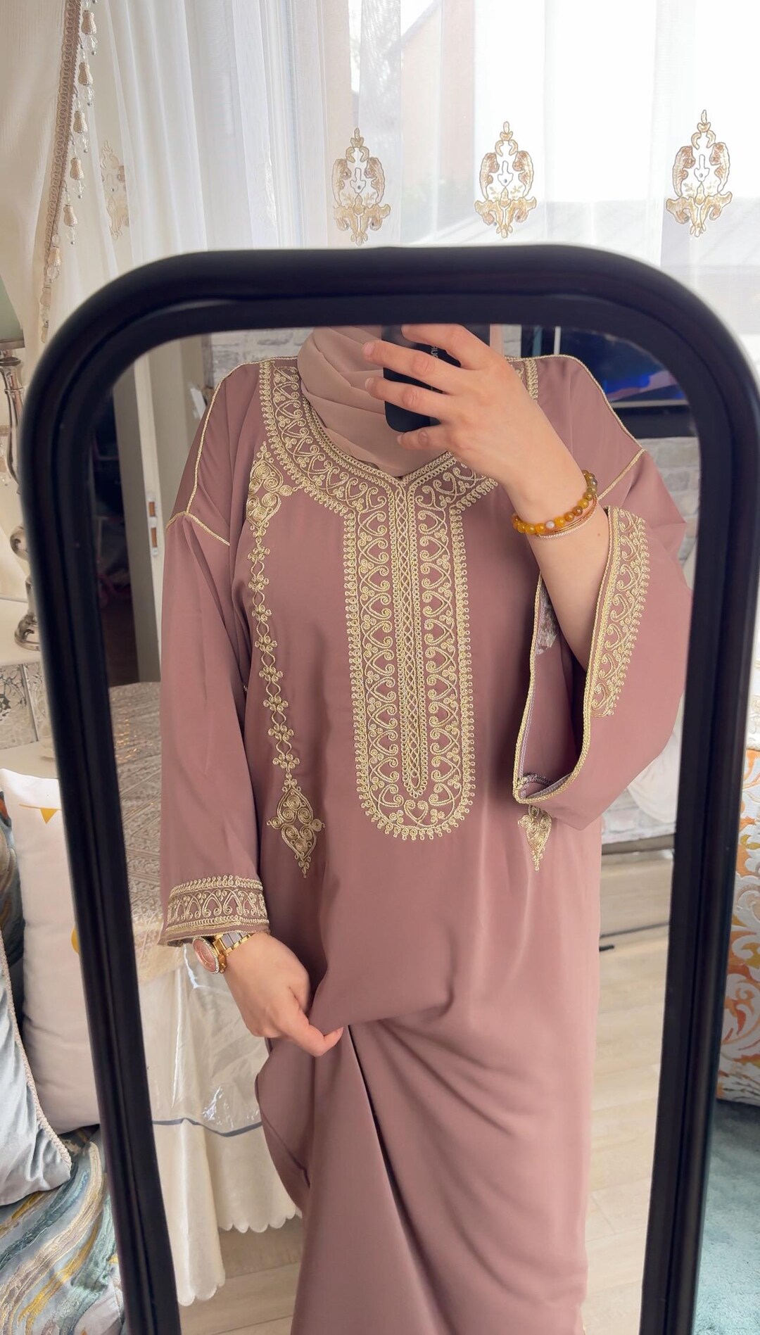 Hand Embroidered Powder Pink Moroccan Kaftan, Elegant Traditional Dress for Wedding, Party, Eid ...