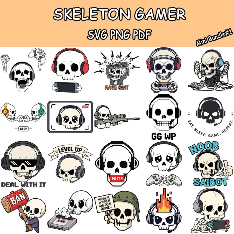 Skeleton Gamer Mini Bundle1,svg, Instant Download, Printable Art ...