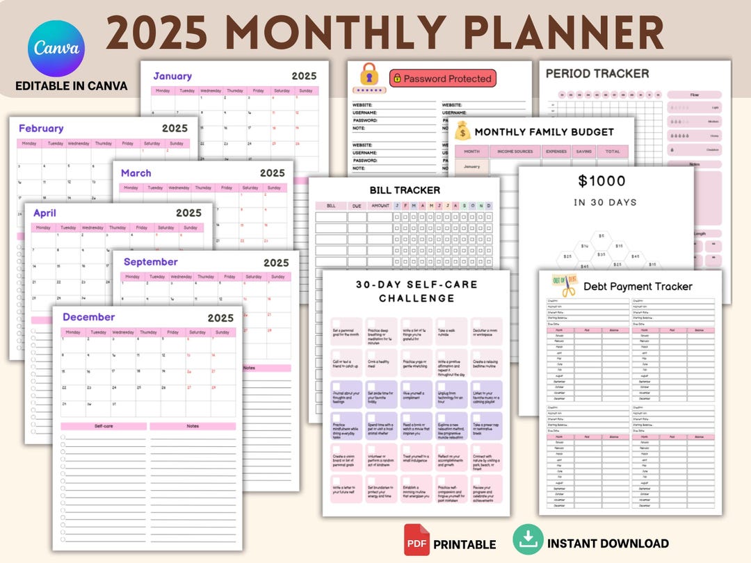 Monthly Planner 2025, Printable Planner, Planner Month Week, Habit Mood ...