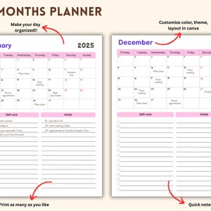 Monthly Planner 2025, 12 Month Calendar Single Page, Monthly ...