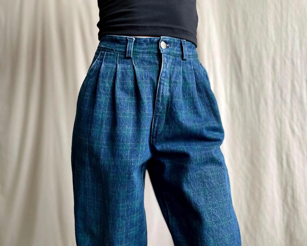 Vintage 80s Tapered Check Peg Leg Jeans, High-rise Pleated Plaid Denim ...