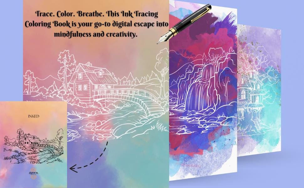Ink Tracing Coloring Book : Mindful Line Art Designs (50 Pages Instant ...