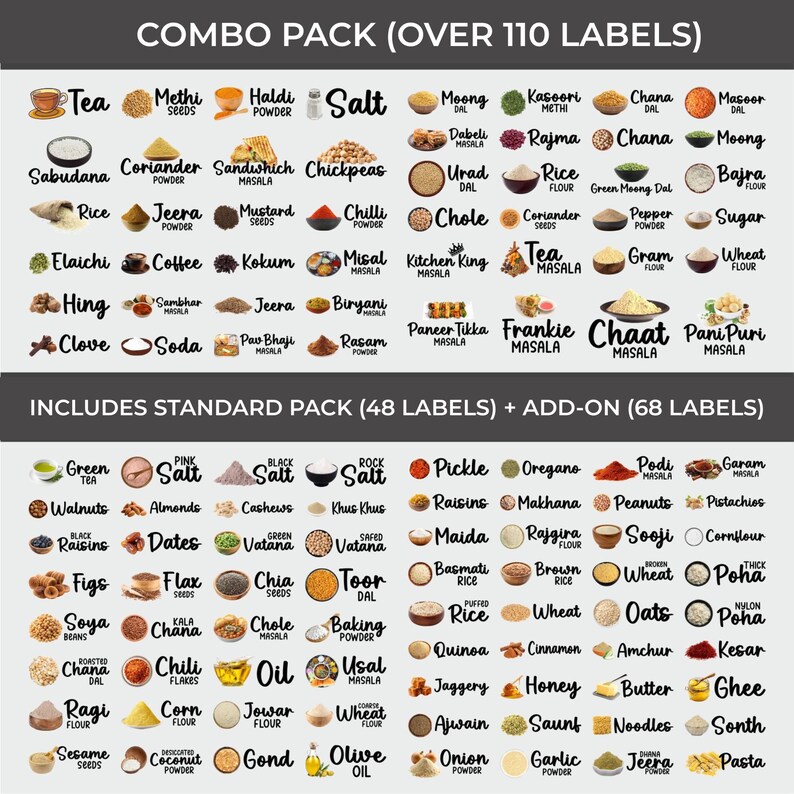 Indian Kitchen Labels Set Spice Jar Labels Pantry Organization Stickers ...