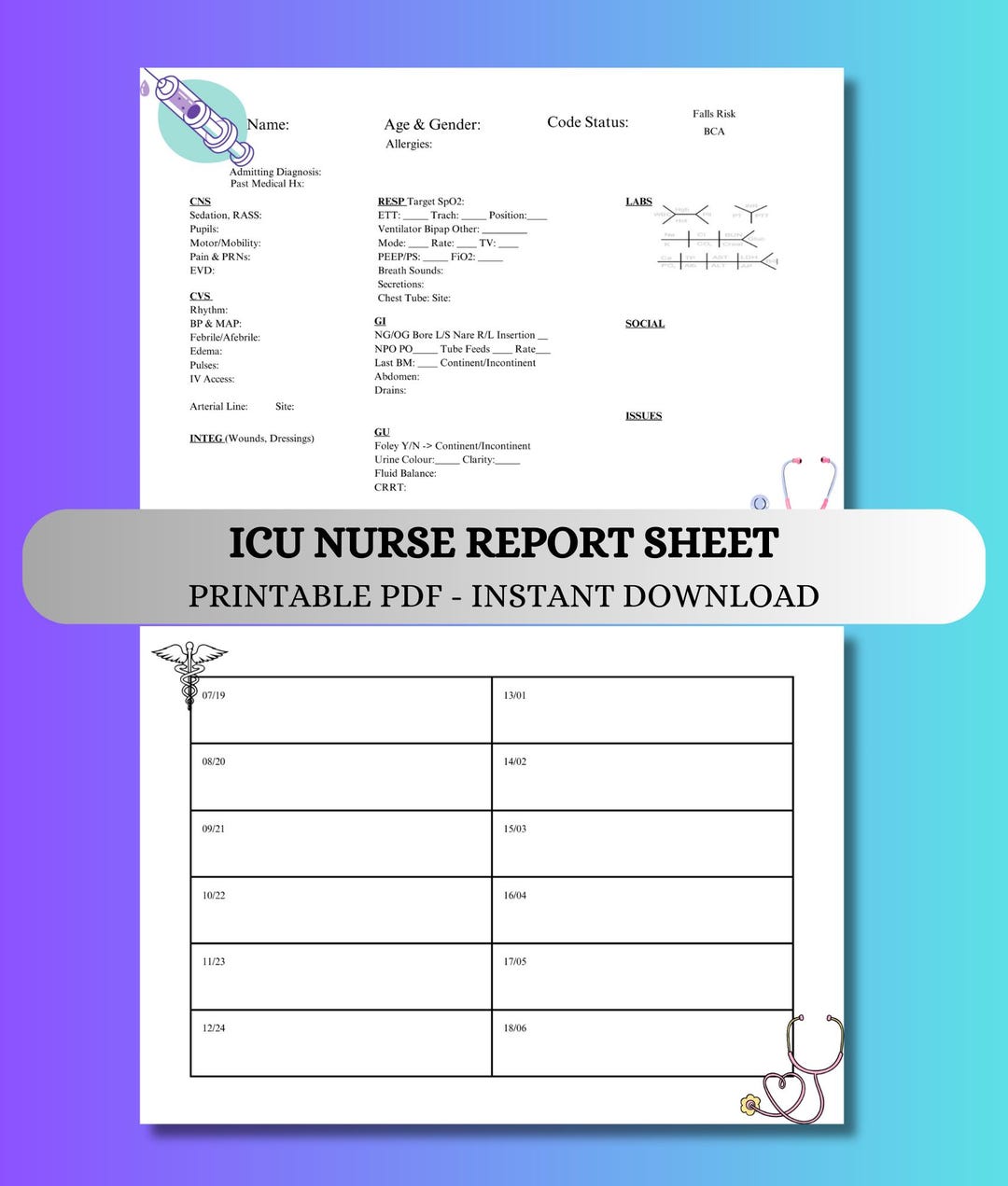 ICU Nurse Report Sheet, Critical Care, Handoff Report, Nursing Student ...