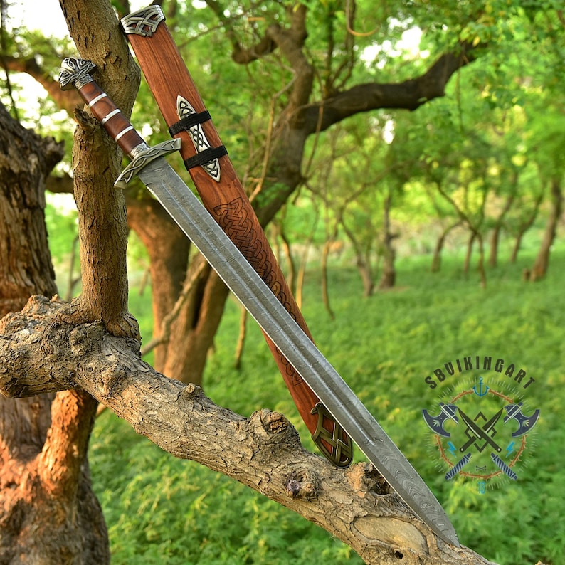 Viking Sword With Wooden Scabbard | Custom Hand Forged Damascus Steel ...