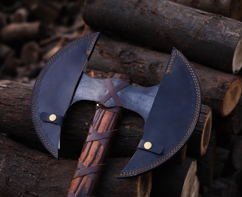 Double Headed Axe With Leather Sheath | Custom Hand Forged Carbon Steel ...