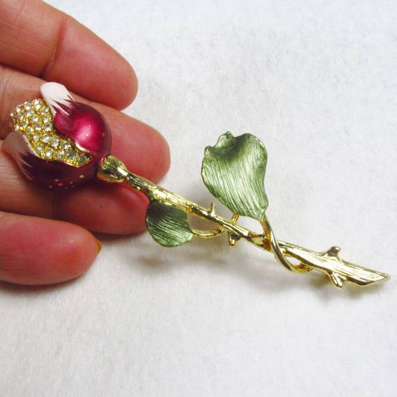 Red enamel rose with tiny rhinestones center brooch p… - Gem