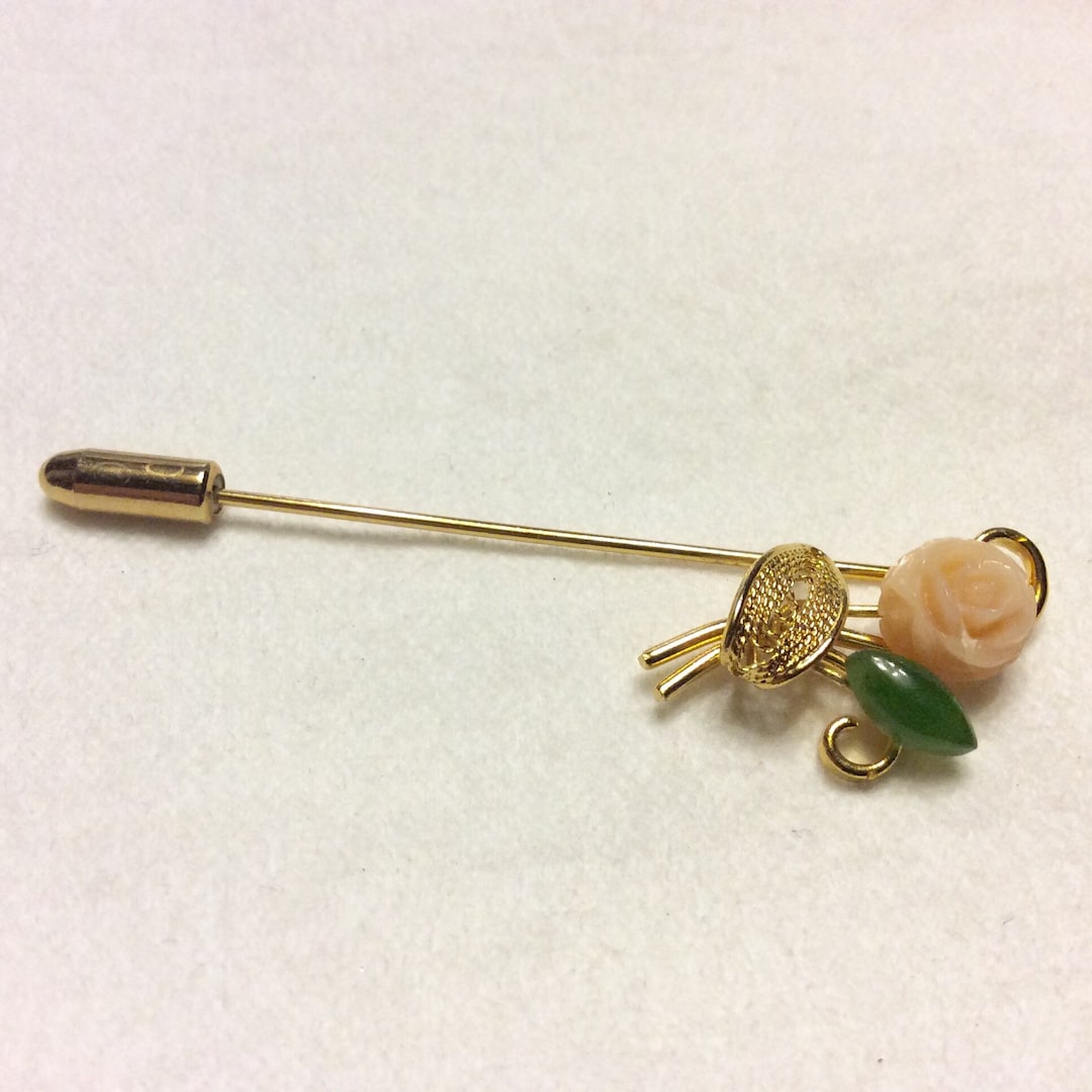 1960's Salmon Coral and Jade Hat Pin Stick Pin Brooch. - Etsy