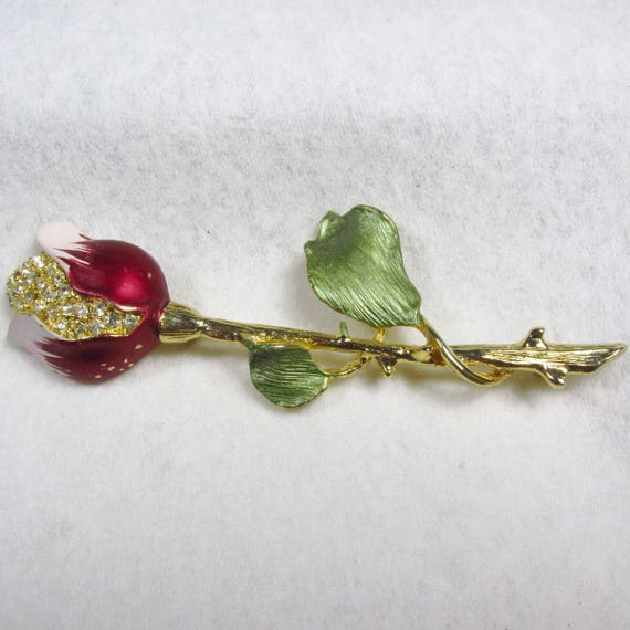 Red enamel rose with tiny rhinestones center brooch p… - Gem