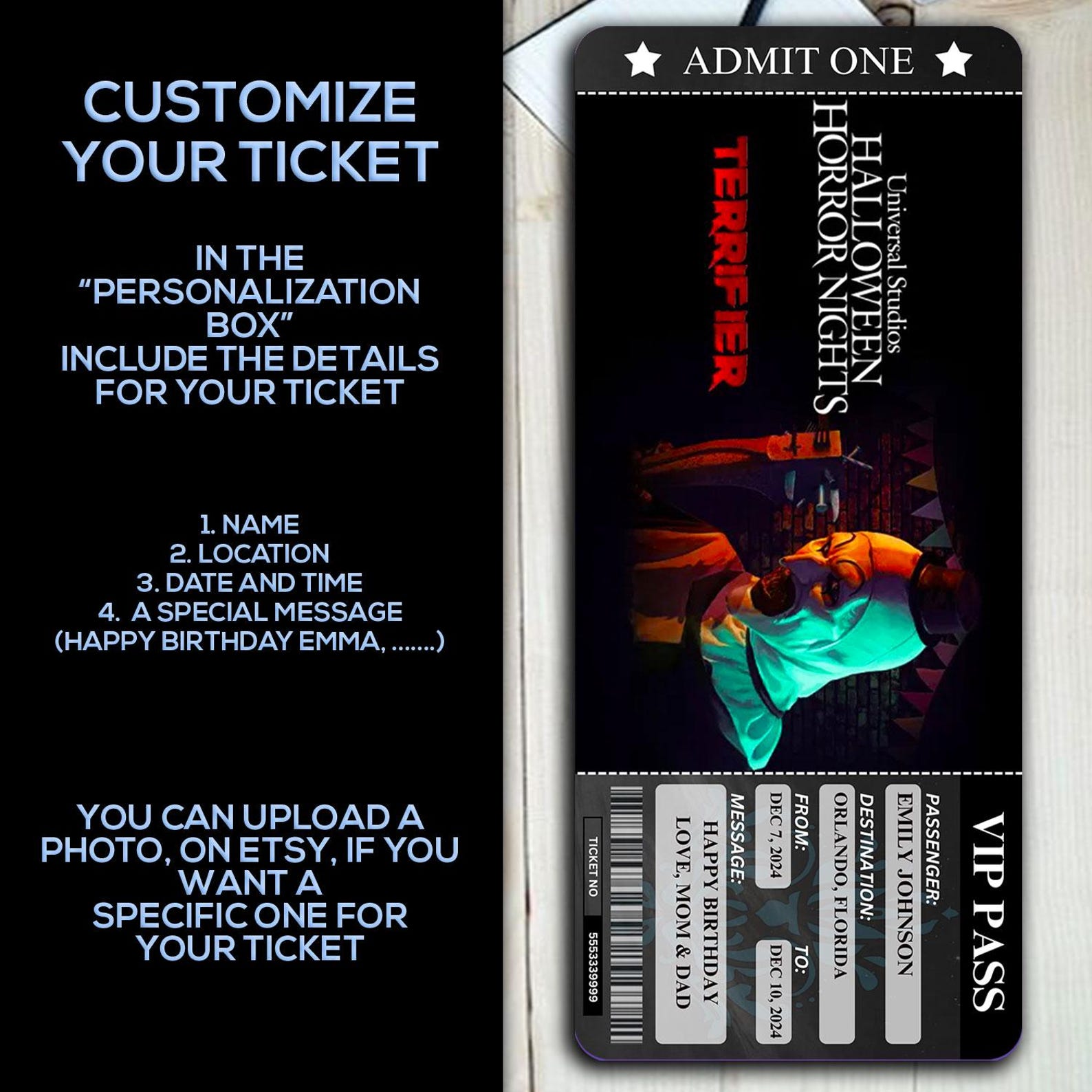 Custom Halloween Horror Nights Ticket | Laminated VIP Pass | Scary Gift ...
