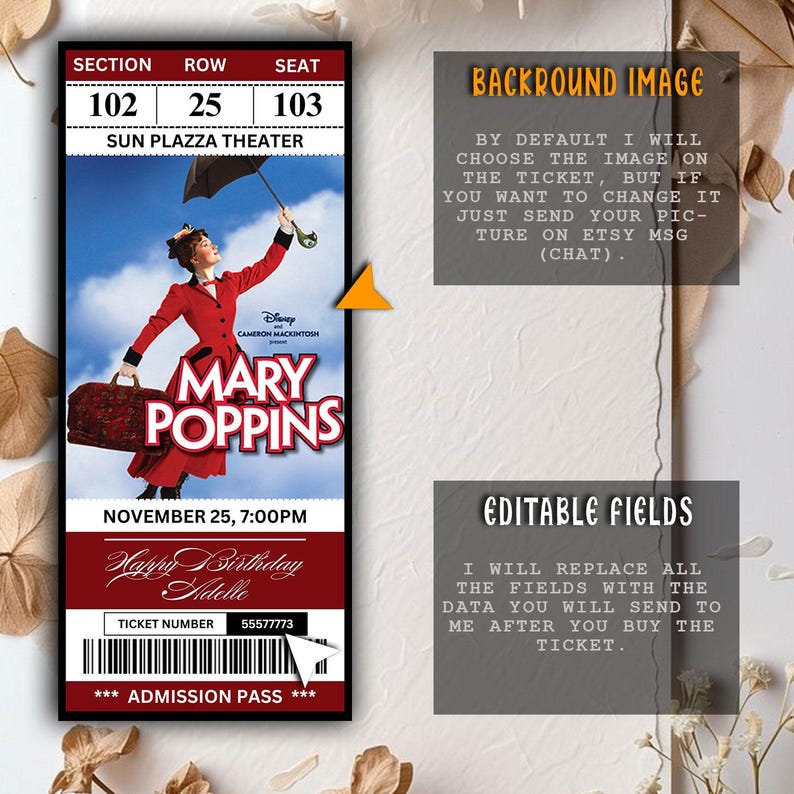 Custom Laminated MARY POPPINS Ticket | Personalized Event Keepsake ...