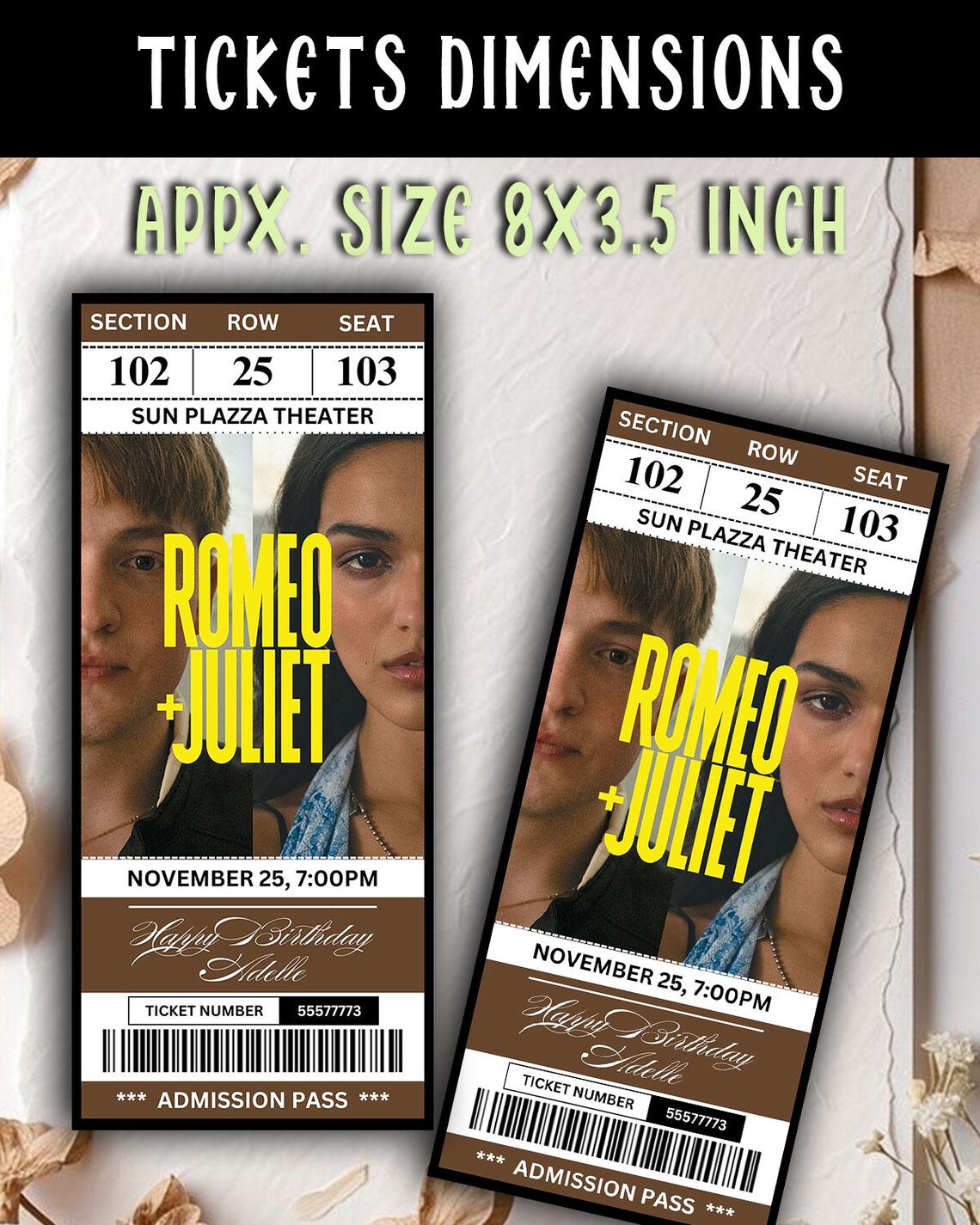 Romeo and Juliet Theater Ticket • Personalized Laminated Pass ...
